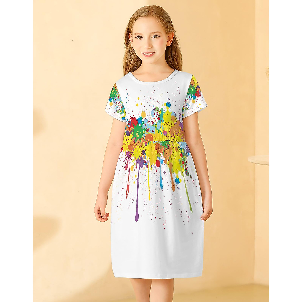 21KIDS Girls Floral Dress Kids Boho Short Sleeve Pleated Casual Dress with Pockets for Girls, Paint, 6 Years