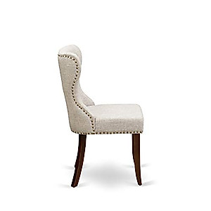 East West Furniture DMSI5-MAH-35 5 Piece Dinette Set for 4 Includes a Round Dining Room Table with Dropleaf and 4 Doeskin Linen Fabric Upholstered Parson Chairs, 42x42 Inch, Mahogany