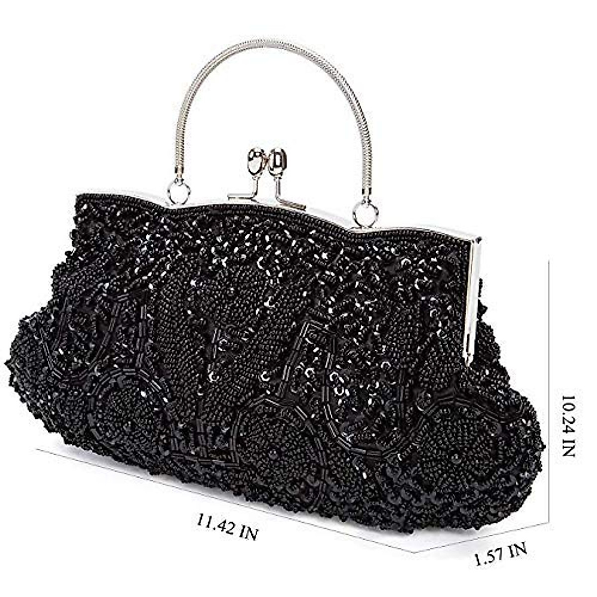 SSMY Beaded Sequin Design Flower Evening Purse Large Clutch Bag (Black)