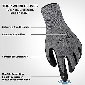 I9 Essentials Multi-Purpose Micro-Foam Nitrile-Coated Work Gloves Large - Seamless Work Gloves with Touchscreen Fingers Safety Gloves for Woodworking, Gardening, Construction - Black & Grey, 12 Pairs