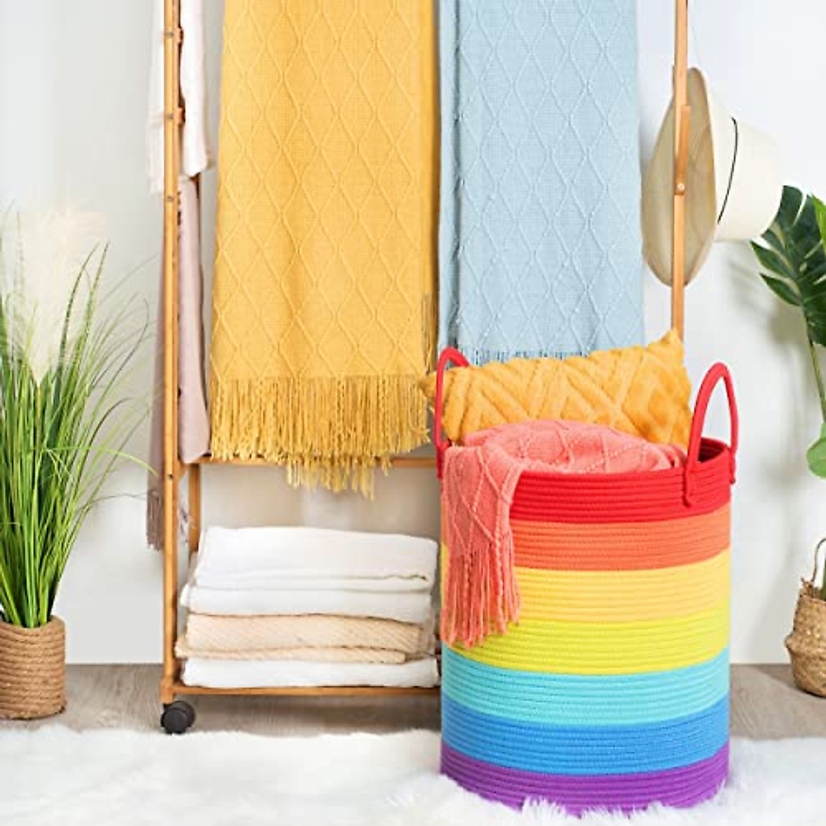 MINTWOOD Design Large Decorative Woven Cotton Rope Basket, Tall Laundry Basket Hamper, Blanket Basket for Living Room, Storage Baskets for Toys, Towel, Throw, Pillow, 60L Rainbow