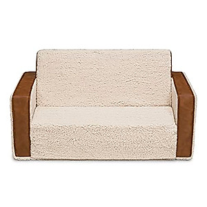 Delta Children Cozee Flip-Out Sherpa 2-in-1 Convertible Sofa to Lounger for Kids, Cream Sherpa/Faux Leather