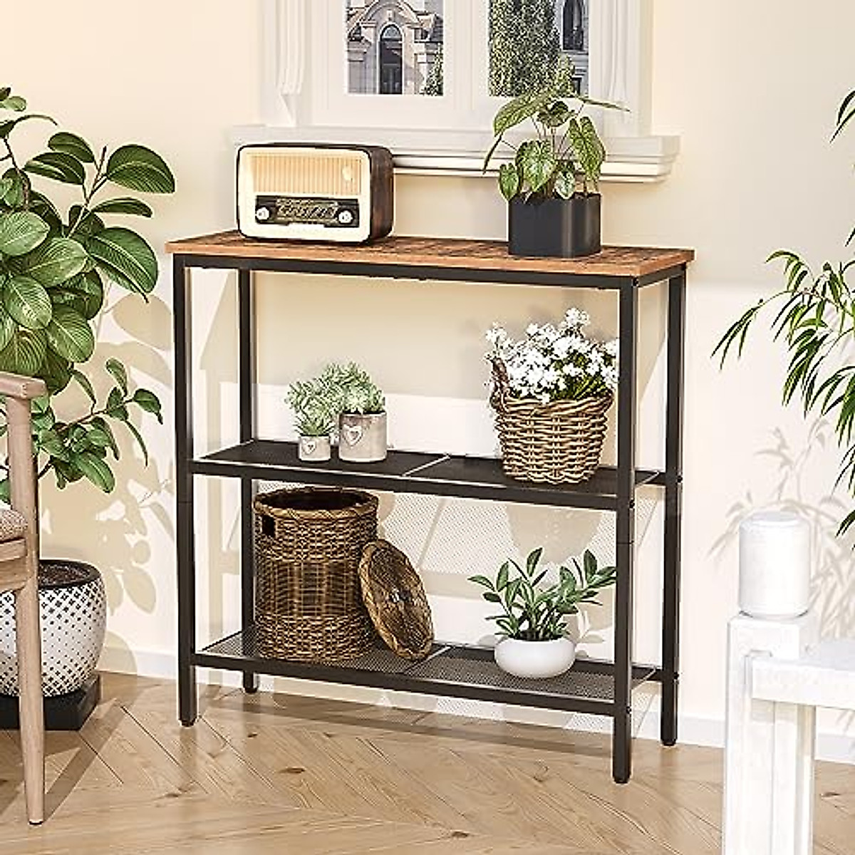 HOOBRO 29.5" Narrow Console Table, 3-Tier Entryway Table, Thin Sofa Table with Shelves, Side Table, Display Table, for Hallway, Entrance, Living Room, Bedroom, Rustic Brown and Black BF73XG01