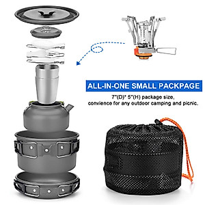 Odoland 12pcs Camping Cookware Mess Kit with Mini Stove, Lightweight Pot Pan Kettle with 2 Cups, Fork Spoon Kit for Backpacking, Outdoor Camping Hiking and Picnic