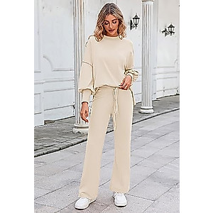 Linsery Womens Sweater and Pant Sets Batwing Sleeve Knitted Tops and Wide Leg Pants Comfy Set 2 Piece Knit Loungewear Tracksuit Apricot M
