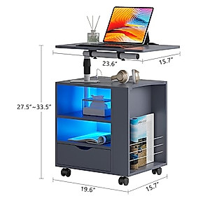 HNEBC LED Nightstand with Wireless Charging Station,Grey Nightstand Has Adjustable Rotary Table,Bedside Tables with One Drawer and 2 Mezzanines/Infrared Induction 3 Color Lighting (On The Right)