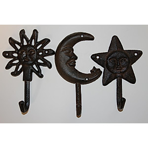 Set of 3 Cast Iron Sun, Moon and Star Wall Hooks for Entryways or Any Hanging Storage Location You Need a Handy Hook. Heavy Duty and Durable!