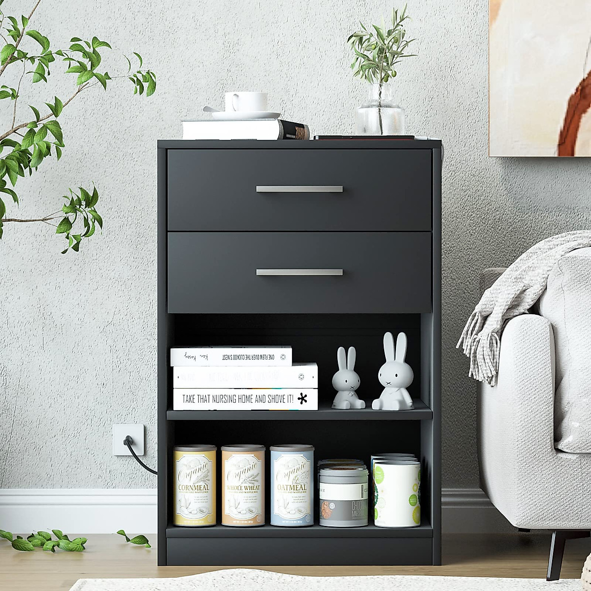 Irontar Nightstand with Charging Station, 2 Drawers End Table with 2 AC Outlets and 2 USB Ports, Wooden Side Table, Bedside Table with Adjustable Open Storage, Bedroom Night Stand, Black BZZ001BE