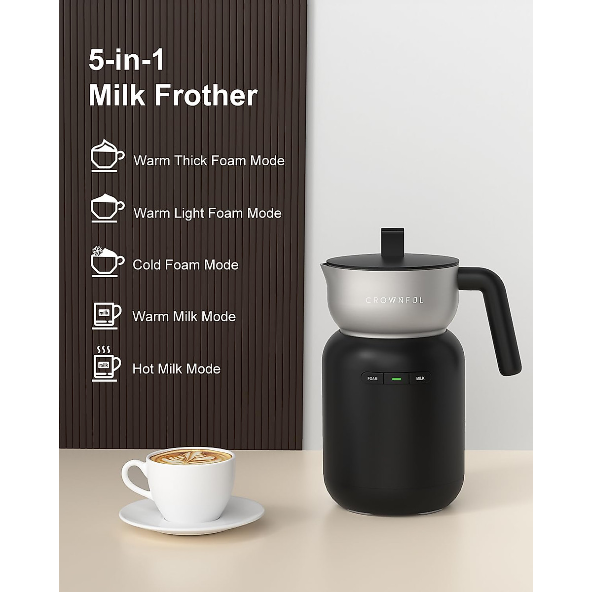 CROWNFUL Milk Frother, Electric 5-in-1 Milk Frother and Steamer with Temperature Control, Dishwasher Safe, Auto Shut-Off Frother for Coffee, Latte, Cappuccino, Macchiato