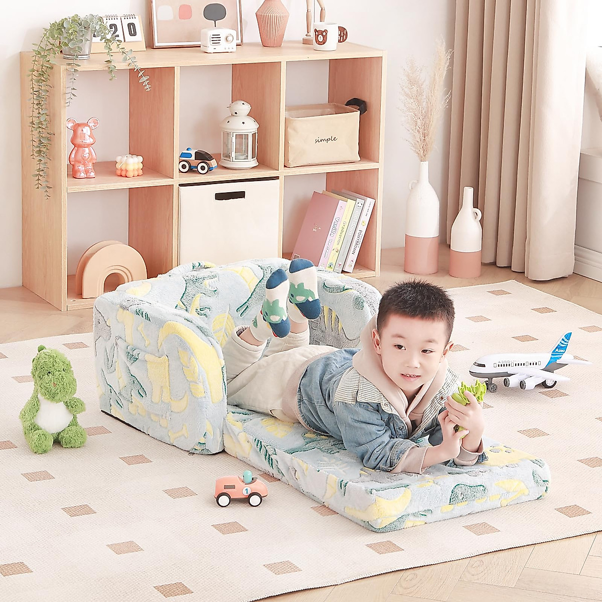 Furlide Toddler Chair, 2-in-1 Kids Sofa Chair, Glow in The Dark Baby Sofa, Comfy Toddler Couch, Kids Flip Out Sofa, Washable Kids Lounge Chair for Girl or Boy (Green Dinosaur)