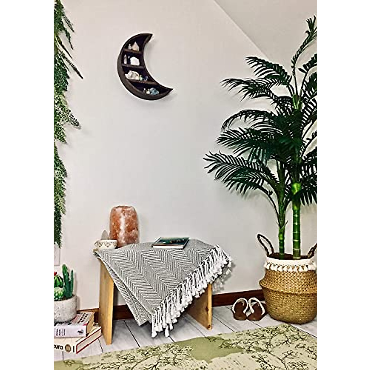 Maduxy Wooden Crescent Moon Shelf - Moon Wall Decor Crystal Display Shelf, Rustic Boho Decor, Unique Shape Moon Phase Shelves for Crystals and Stones