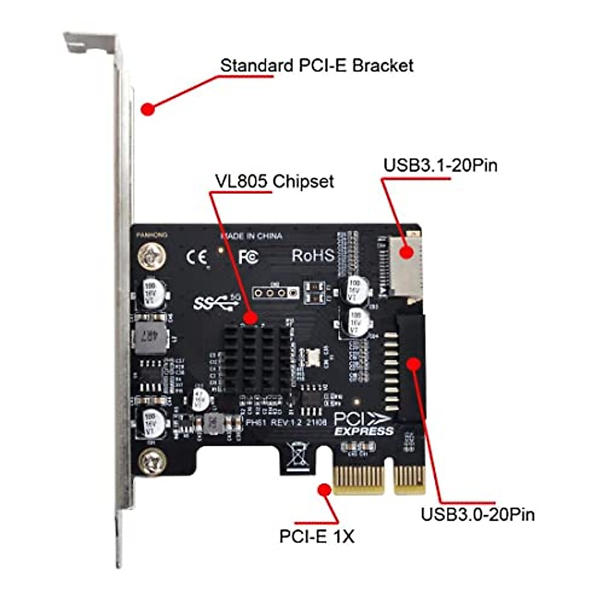ChenYang USB 3.0 20Pin ＆ USB 3.1 Gen 1 Type-E Front Panel Socket to PCI-E 1X PCI Express Expansion Card Adapter