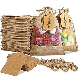 48 Pack 6 x 9 Inch Linen Burlap Sheer Bag Burlap Bags with Drawstring and Gift Tags Organza Wedding Favor Bags Burlap Gift Bags for Wedding Party Favors Christmas Cosmetic Samples Goodies Mesh Pouch