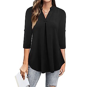 Ninedaily Black Blouses for Women Fashion 2025,Business Casual Dressy Workwear Tops Ladies Elbow Length 3 4 Sleeve Tunic Shirts Mandarin Collar V Neck Formal Professional Blouse Elegant Going Out, M
