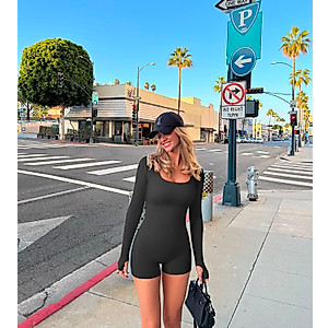 TOB Women's Yoga Rompers Workout Ribbed Long Sleeve Square Neck Sport Jumpsuits Rompers Black