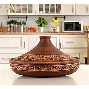 Handmade Red Clay Stoneware Tajine. Engobe Décor, Tajine with Ceramic Cone-Shaped Closed Lid, Tagines Pots With Pre Seasoned Cast Iron Diffuser, Caribbean One-Pot Tajine Cooking, Cookware Gift (Red 2.1 Qt)