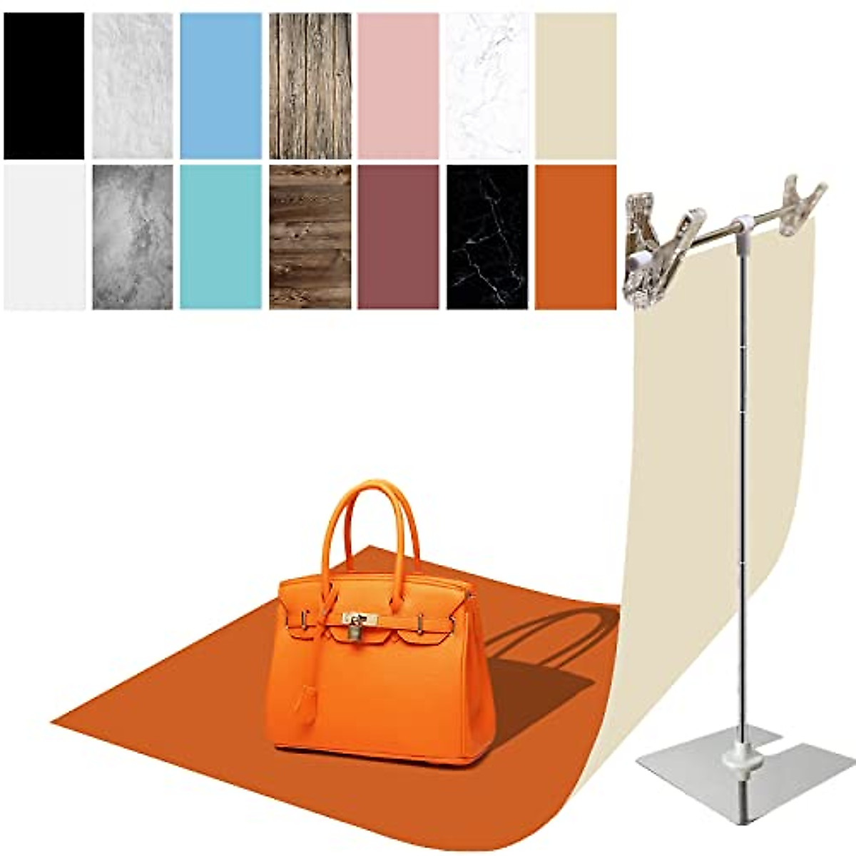 zyckTech 7Pcs 14Patterns Photography Background Paper with Stand, 34x23in Double-Sided Photo Tabletop Backdrops Props for Food Jewelry Cosmetics Makeup (Black White Blue) (PBP03247PCS)