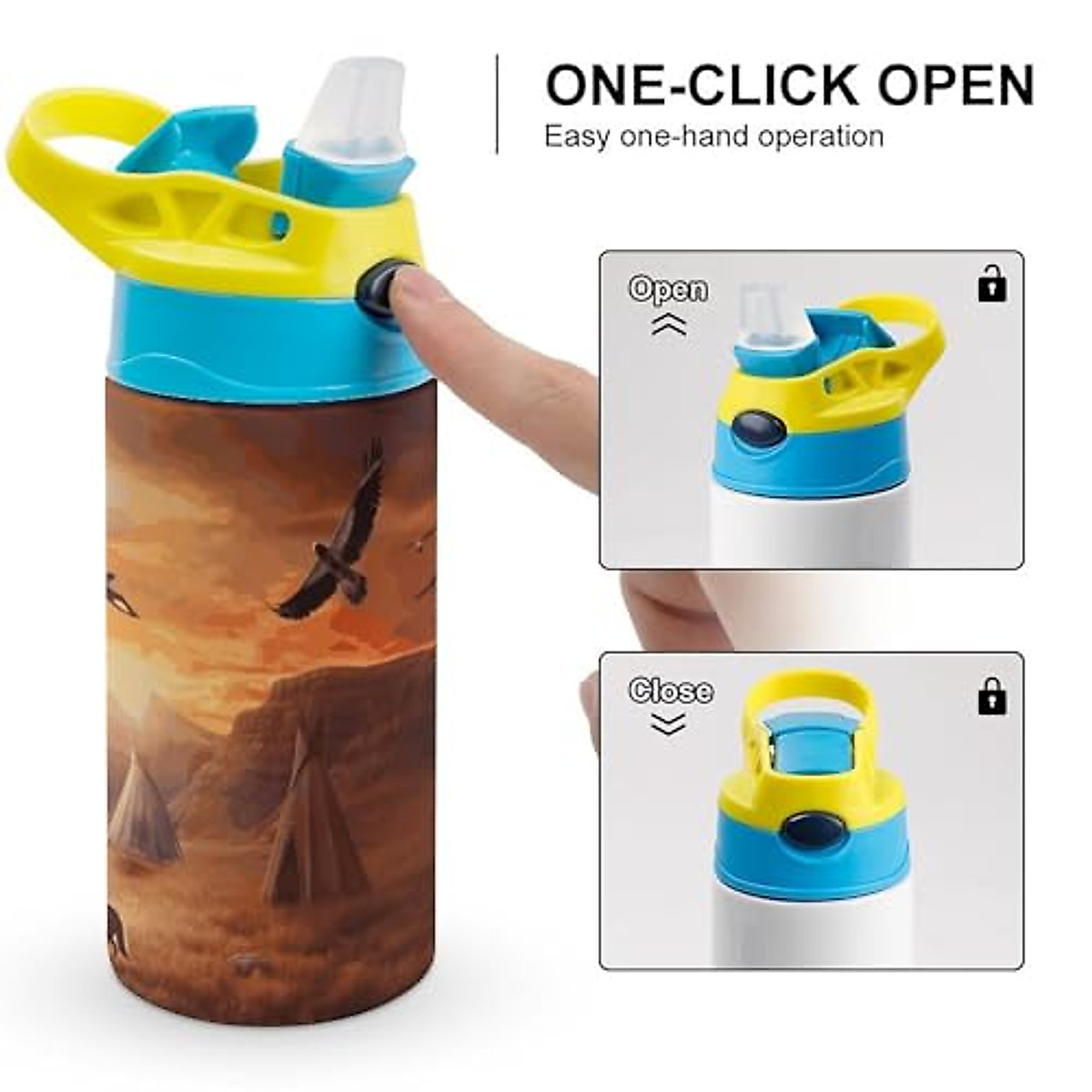 Stainless Steel Water Bottles Native American Tribes Travel Water Cups with Handle And Silicone Straw Drinking Cup with Leak Proof Lid Thermo Travel Mug for Women Men