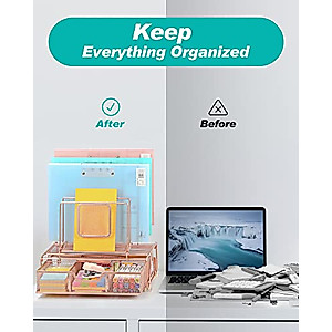 Beiz Rose Gold Desk Organizer and Accessories Storage with 5 Stacking File Folder Sorter, Paper Tray, Drawer, 60 Colorful Clips Set (Included), Desktop Organization for Women Office