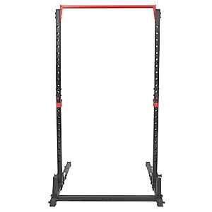 Sunny Health & Fitness Essential Adjustable Power Rack Squat Stand With J-Hooks, Adjustable Pull Up Bar, Weight Plate Holders, Resistance Band Posts Optional Incline Bench, LAT Pull Down Attachment