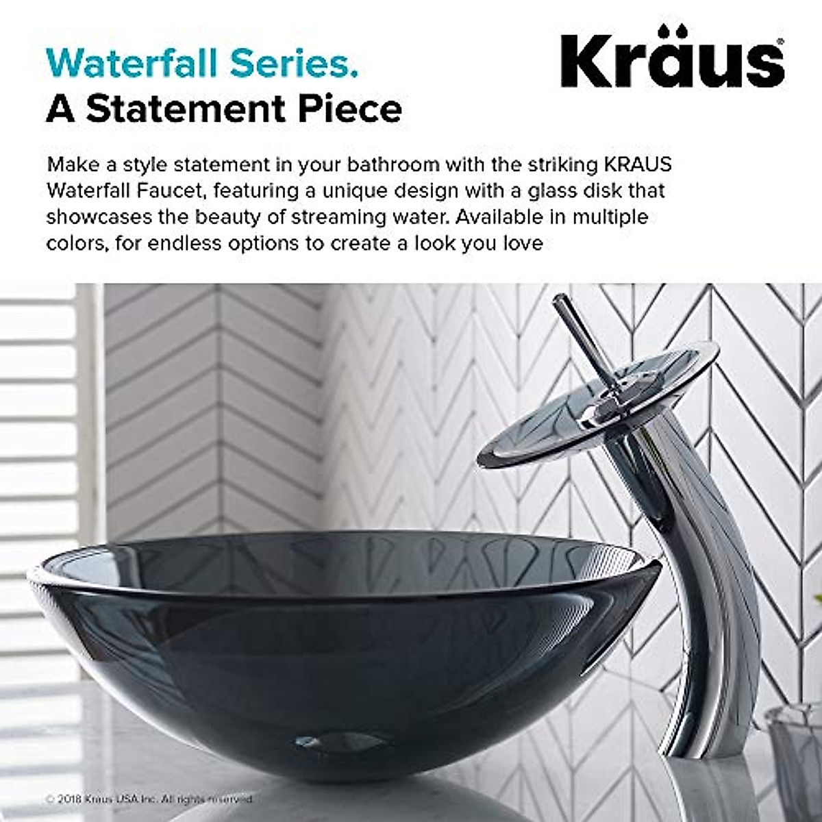 Single Lever Vessel Glass Waterfall Bathroom Faucet Chrome with Black Clear Glass Disk and Matching Pop Up Drain