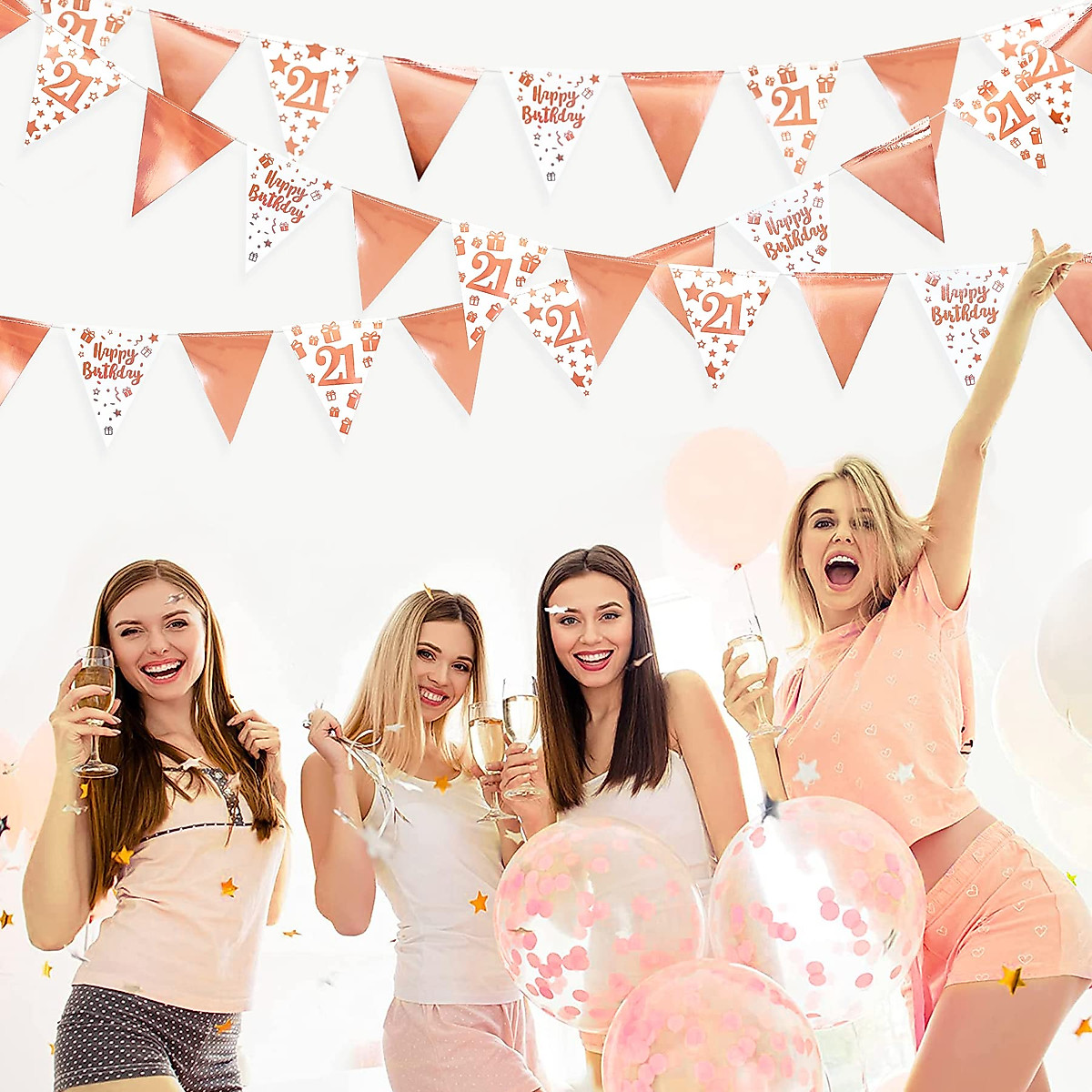 40Ft Rose Gold 21st Happy Birthday Banner Bunting Triangle Flag Pennant Garland for Girls 21st Birthday Decorations Finally Legal Twenty One Birthday Party Sign for Her 21 Birthday Decor Supplies