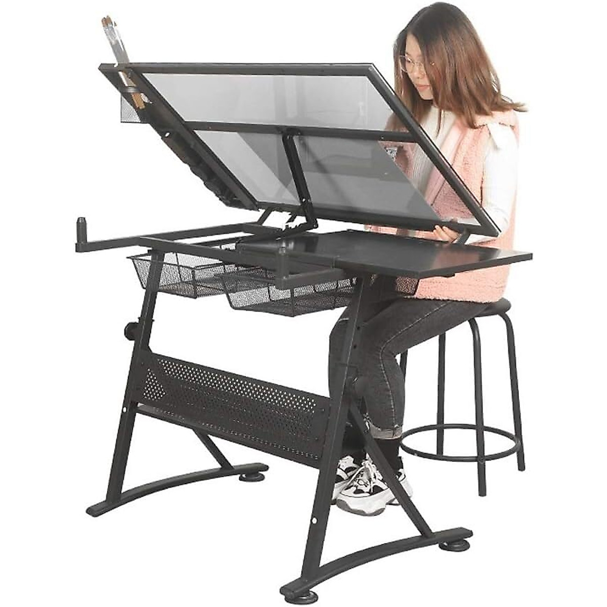 XiVue Drafting Table with Storage, Height Adjustable Tiltable Art Desk, Glass Panel Drawing Desk, for Work Study Painting Craft Table