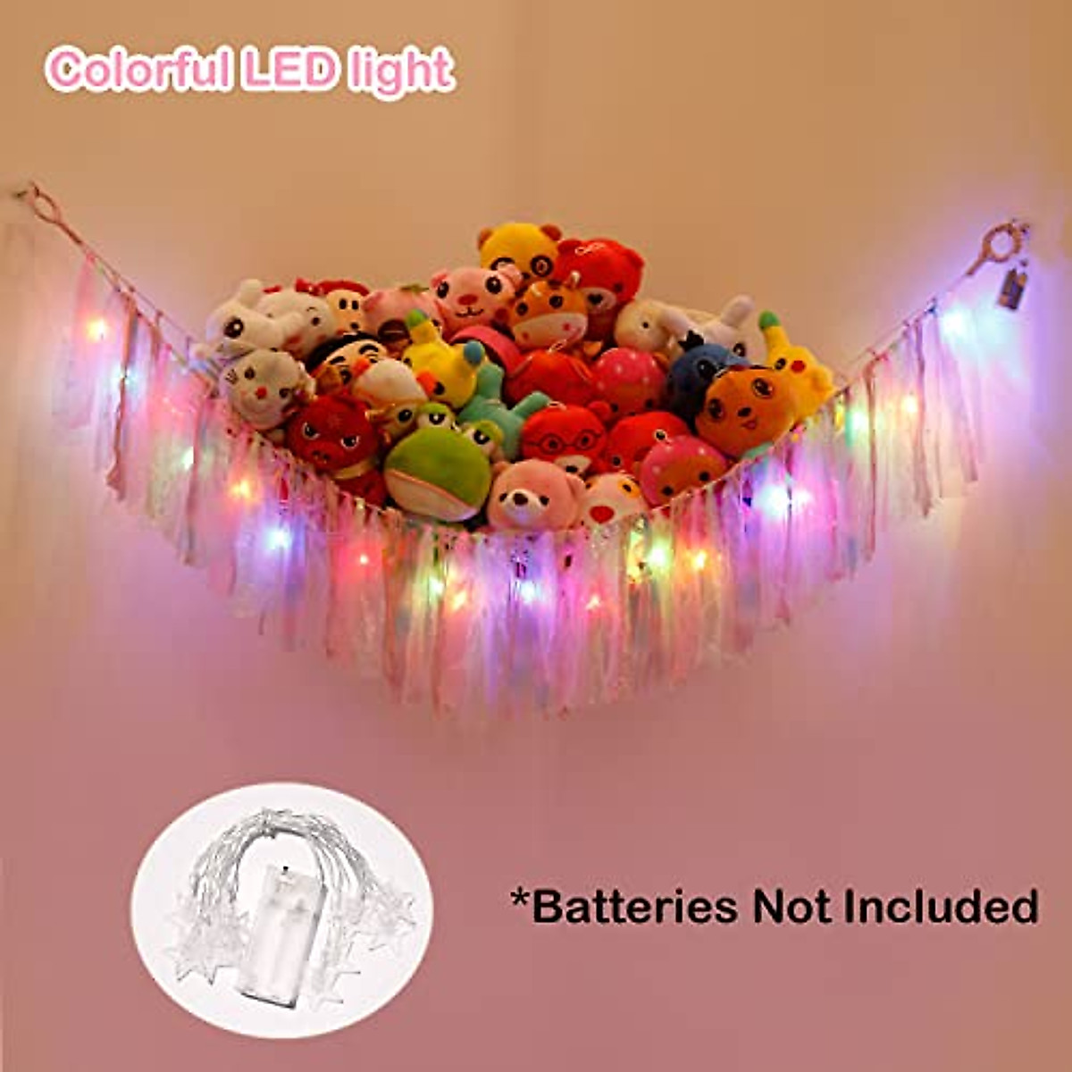 Stuffed Animal Net or Hammock with LED Light, Toy Hammock Hanging Stuffed Animal Storage Organizer Holder Boho Decor for Nursery Playroom Bedroom Kids Room Storage (Pink)