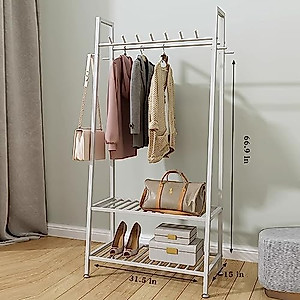 FIJOS Clothes Rack, Metal Garment Rack, Heavy Duty Clothes Stand Rack With Lower Storage Shelf and 11 Hooks, Double Hanging Rod Clothing Rack for Bedroom