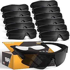 YENPK 12 Pack Tinted Safety Glasses Protective Eyewear, Safety Goggles Sunglasses for Men and Women, ANSI Z87.1+ Certified, Eyes Protection UV400 Anti Splash & Scratch, Impact Resistant(Dark Grey)