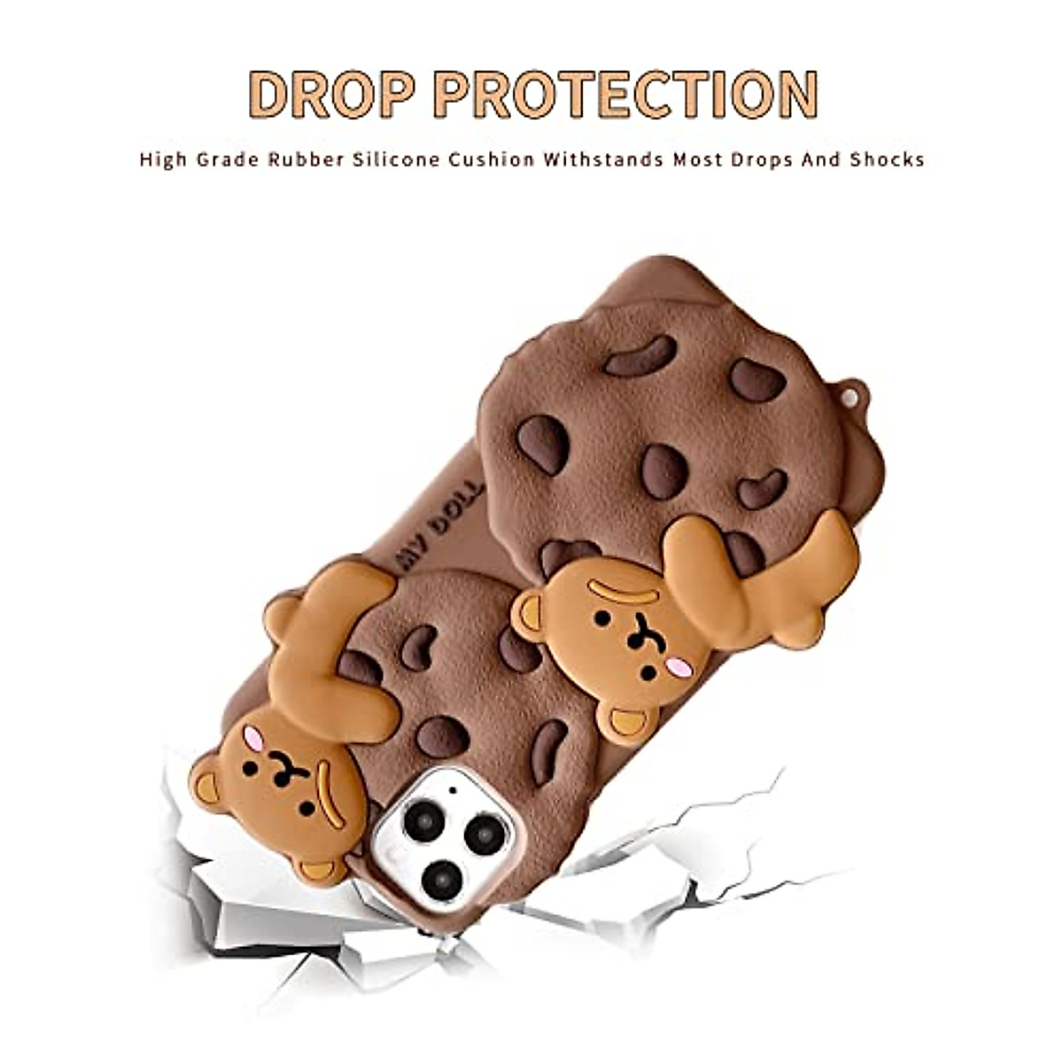 SGVAHY Case for iPhone 11 Case Cute with Lanyard Keychain Kawaii Phone Cases 3D Cartoon Bear Cookie iPhone Case Soft Silicone Shockproof Protective Case Cover for Women Girls Khaki