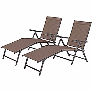 MFSTUDIO 2 Piece 5 Stages Adjustable Folding Lounge Deck Chair,Outdoor Patio Metal Beach Yard Pool Recliner Chaise - Brown
