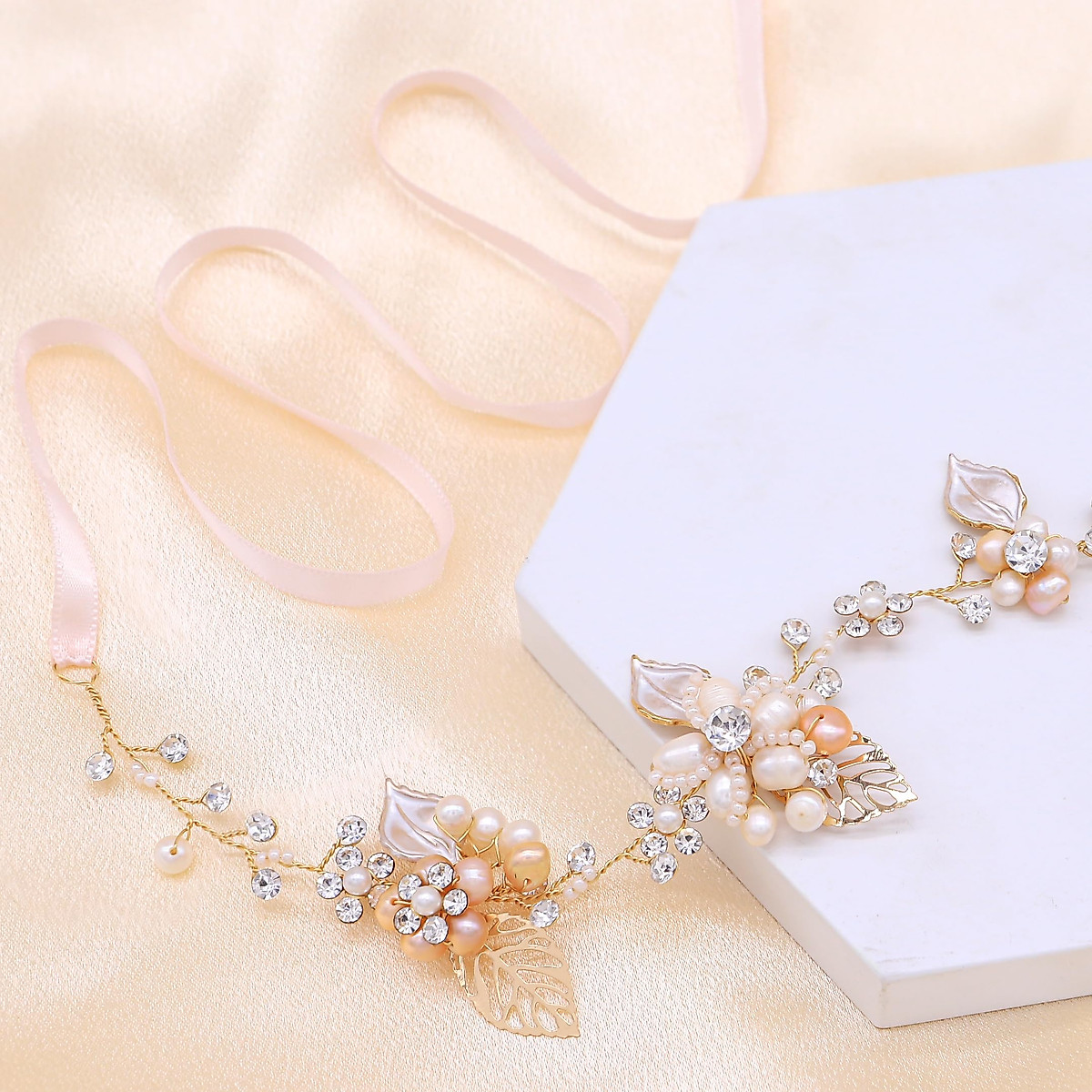 Oriamour Bridal Crystal Headband with Freshwater Pearls Flower Design Wedding Hair Accessories (Gold)