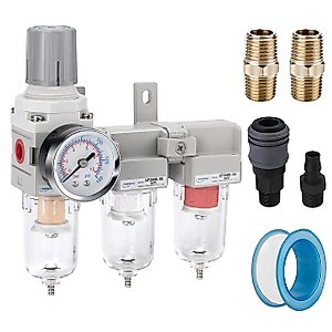 NANPU Three Stage Air Drying System - 5 Micron Particulate Filter, 0.5＆0.01 Micron Coalescing Filters, Air Pressure Regulator Combo - 0-150 psi Gauge, Semi-Auto Drain, Metal Bracket (1/4" NPT）