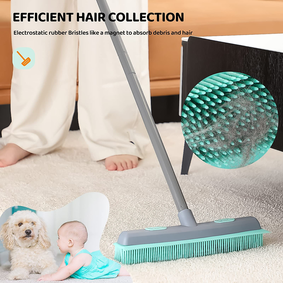 Conliwell Rubber Broom Carpet Rake for Pet Hair, Fur Remover Broom with Squeegee and 18" Professional Microfiber Mop Floor Cleaning System