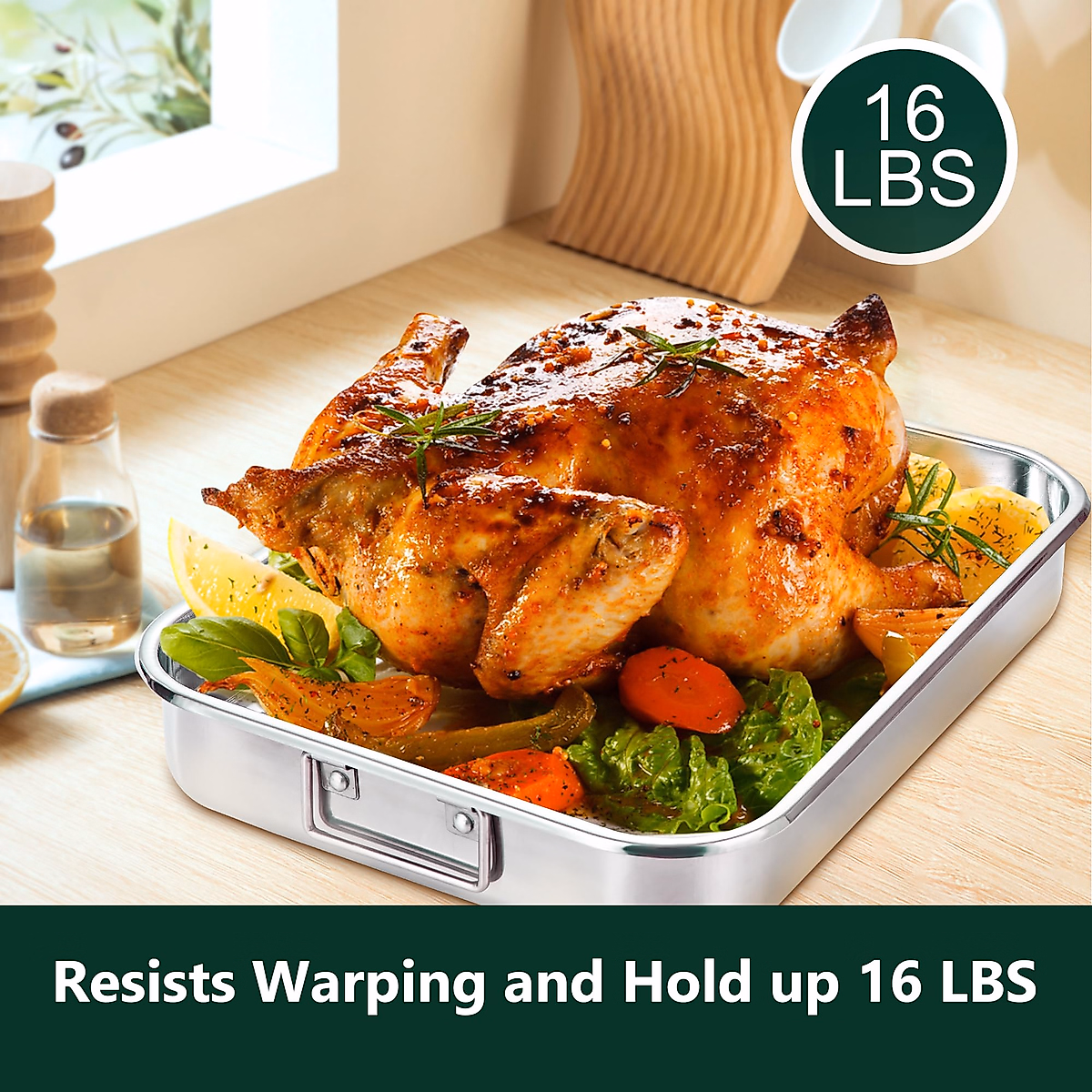 Stainless Steel Roaster with Flat Rack & Parchment Paper, 16.2 x 12.2 x 3 inches - Ideal Roasting Pan for Whole Turkey, Roasts, or Multiple Sides