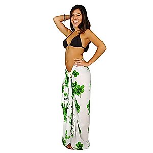 1 World Sarongs Womens Hibiscus Flower Swimsuit Cover-Up Sarong in White/Green