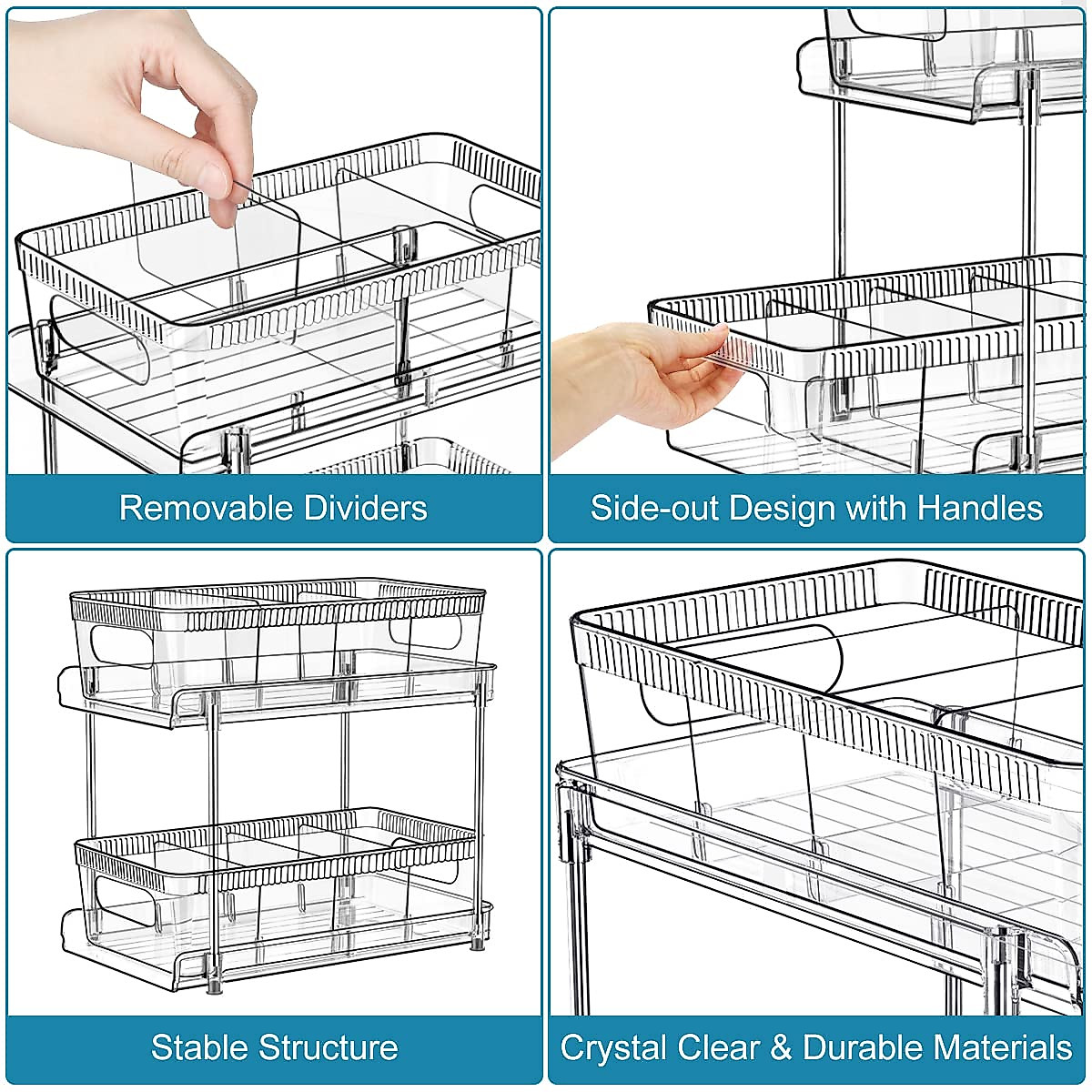 YOOMIDDA Bathroom Storage Organizer with Dividers, Multi-Purpose Kitchen Under Sink Organizers and Storage Slide-Out, Closet Organization, Kitchen Pantry Cabinet Medicine Bins (2 Tier)