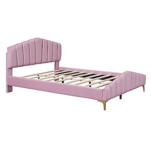 FAVSH Queen Size Velvet Platform Bed with Thick Fabric,Channel headboard and Elegant Metal Beds Leg,Bedroom Wooden Bed Frame W/Slat Supports,for Kids Teens Adults,Pink