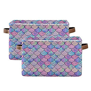 senya Large Foldable Storage Basket, Mermaid Fish Scale Wave Fabric Storage Bin Organizer Bag with Handles 15 x 11 x 9.5 inch