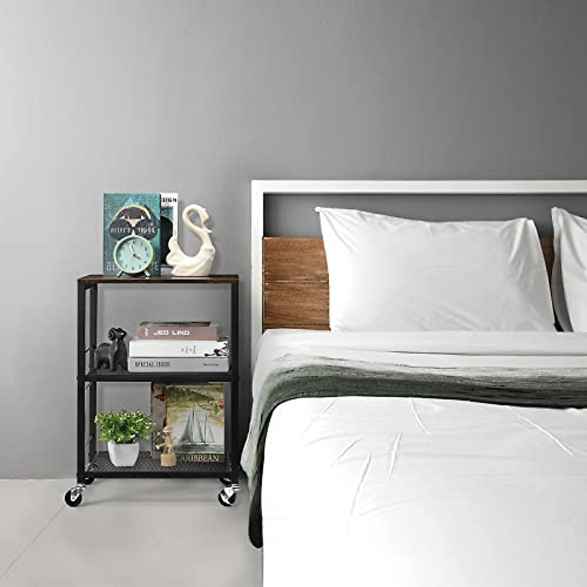 MOOACE Rustic 3 Tier End Table with Wheel,Side Table Nightstand Storage Shelf for Bedroom,Kitchen,Living Room and Office, Stable Metal Frame,Wood Top, Easy Assembly - Brown&Black