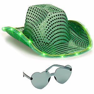 Funcredible Green Light Up Cowboy Hat and Glasses - Sparkly Disco Cowgirl Hat - Sequin Cowboy Hat for Women - Cowgirl Costumes for Girls