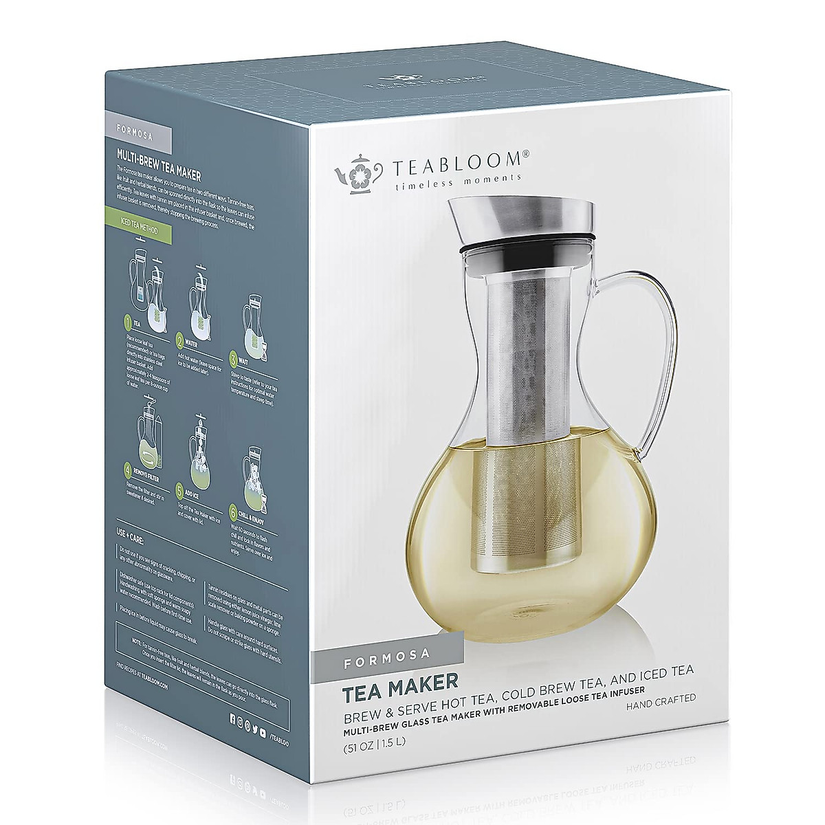 Teabloom Multi-Brew Glass Teapot + Kettle + Pitcher (51 OZ / 1.5 L / 6 CUPS) – Brew and Serve Hot Tea, Iced Tea, Cold Brew Tea and Fruit Infused Water – Formosa Tea Maker