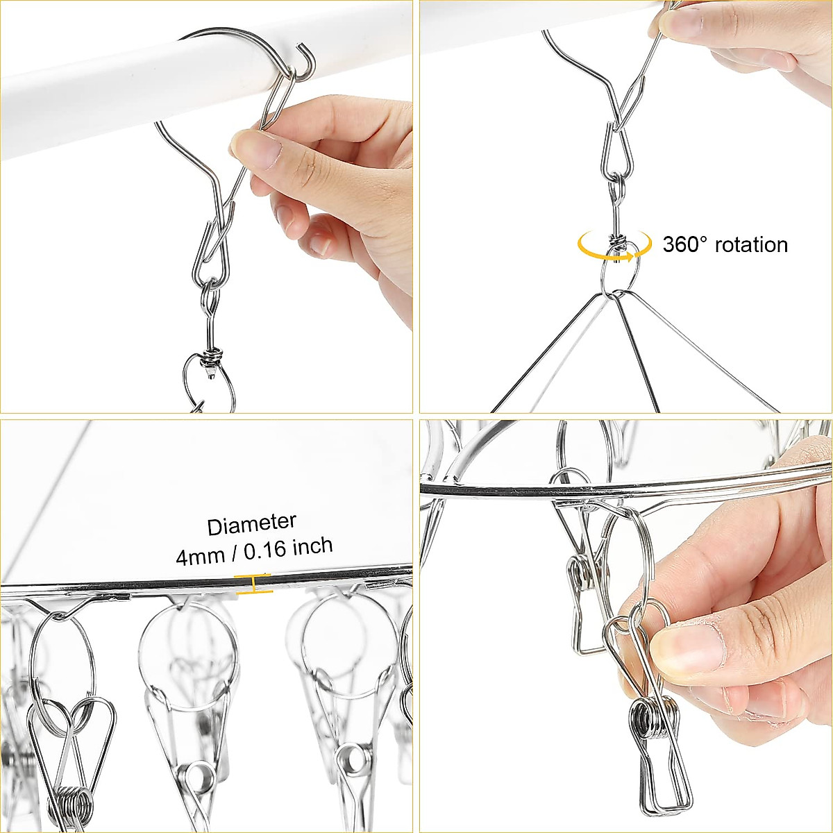 [2 Pack] Folding Clothes Drying Hanger with 72 Clips Totally, Stainless Steel Space Saver Washline Dryer Rack with Peg for Sock, Underwear, Baby Clothes and Delicate Washes