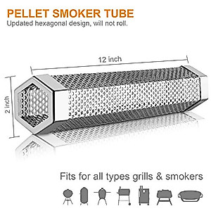 Premium Pellet Smoker Tube for All Grill Electric Gas Charcoal or Smokers- 5 Hours of Billowing Smoke - Cold or Hot Smoking- Ideal for Smoking Cheese Nuts Steaks Fish Pork Beef - 12" Stainless Steel