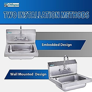 Chingoo Stainless Steel Sink with Faucet,Commercial Wall Mount Hand Basin for Washing for Restaurant, Kitchen and Home, 17 x 15 Inches