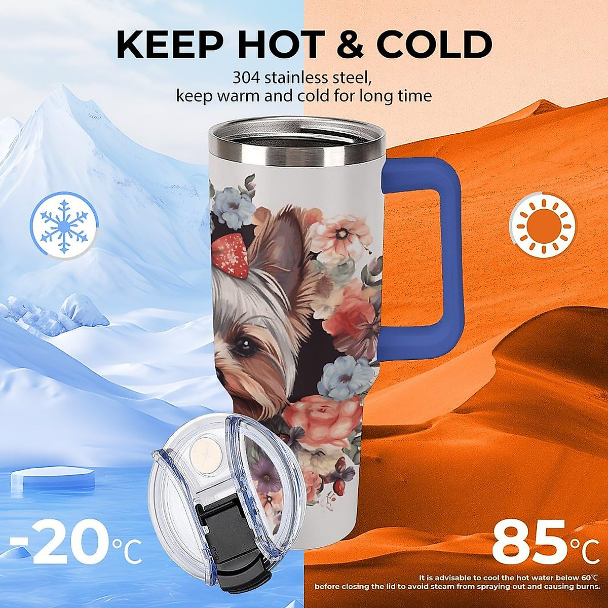 WYUSPGK 40oz Stainless Steel Car Mug, Yorkie Floral Print Travel Mug, Double-Wall Insulated with Straw, Perfect for Car, Office, Outdoor