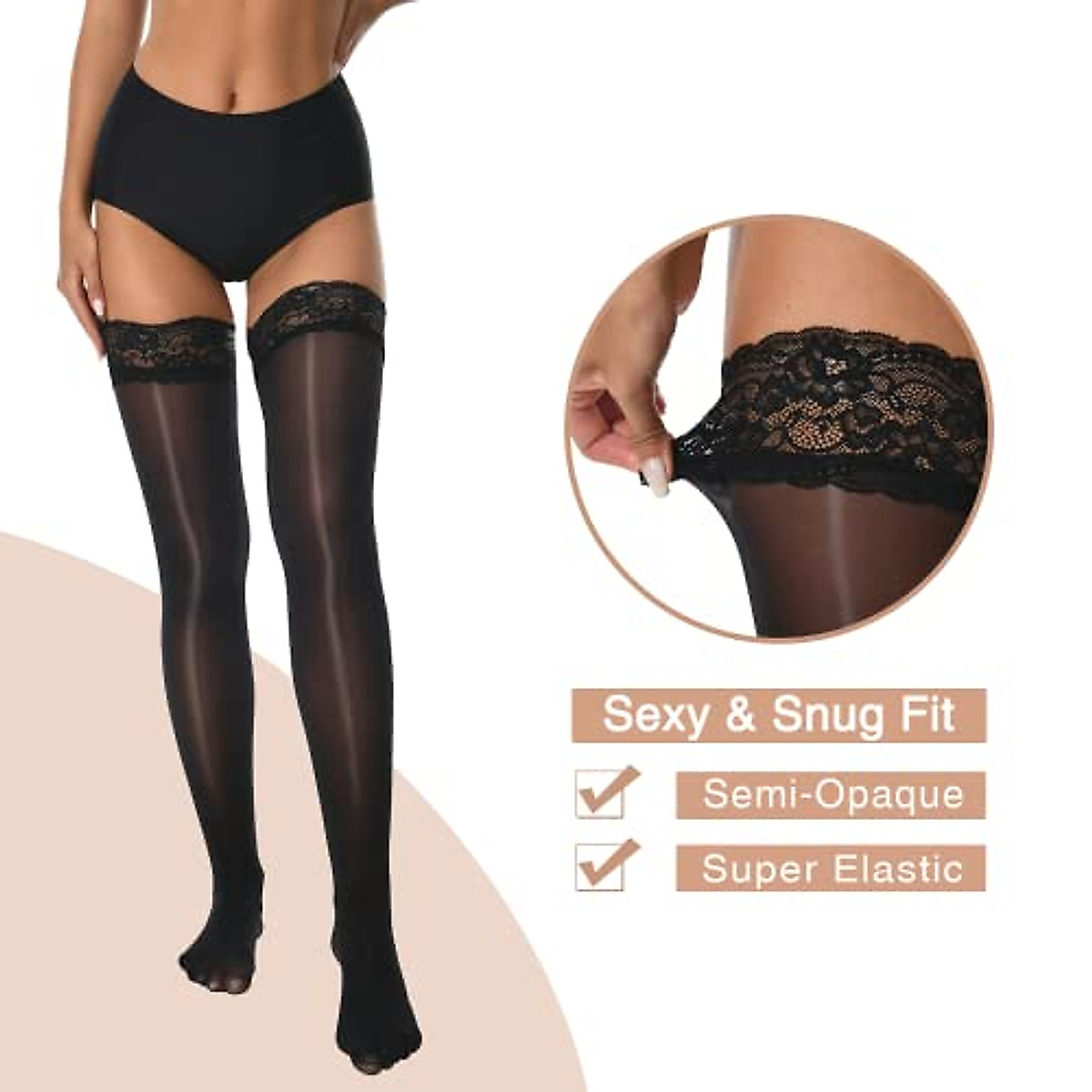 MANZI Shiny Thigh High Stockings Sexy Lace Top Stay Up Silky Sheer Stocking Shimmery Tights for Women 2 Pairs Pack Black L-XL