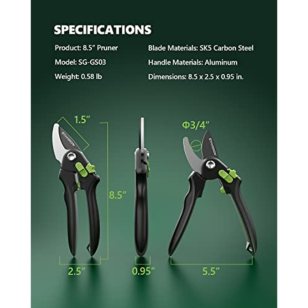 STAYGROW 8.5" Bypass Pruning Shears, All Steel Aluminum Alloy Construction Garden Shears, Ultra Sharp SK5 Carbon Steels Blades with Non-Stick Teflon Coating, Adjustable Opening Cuts Up to 3/4" (20mm）