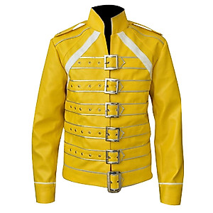 CHICAGO-FASHIONS Mens Freddie Concert Belted Motorcycle Yellow Faux Leather Mercury Costume, Freddie Mercury Jacket, Medium